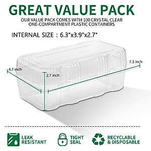 Kaderron Disposable Plastic Hinged Food Container - 70 Pcs Clear Clamshell Food Containers, 7.3" Length x 4.7" Width x 2.7" Depth