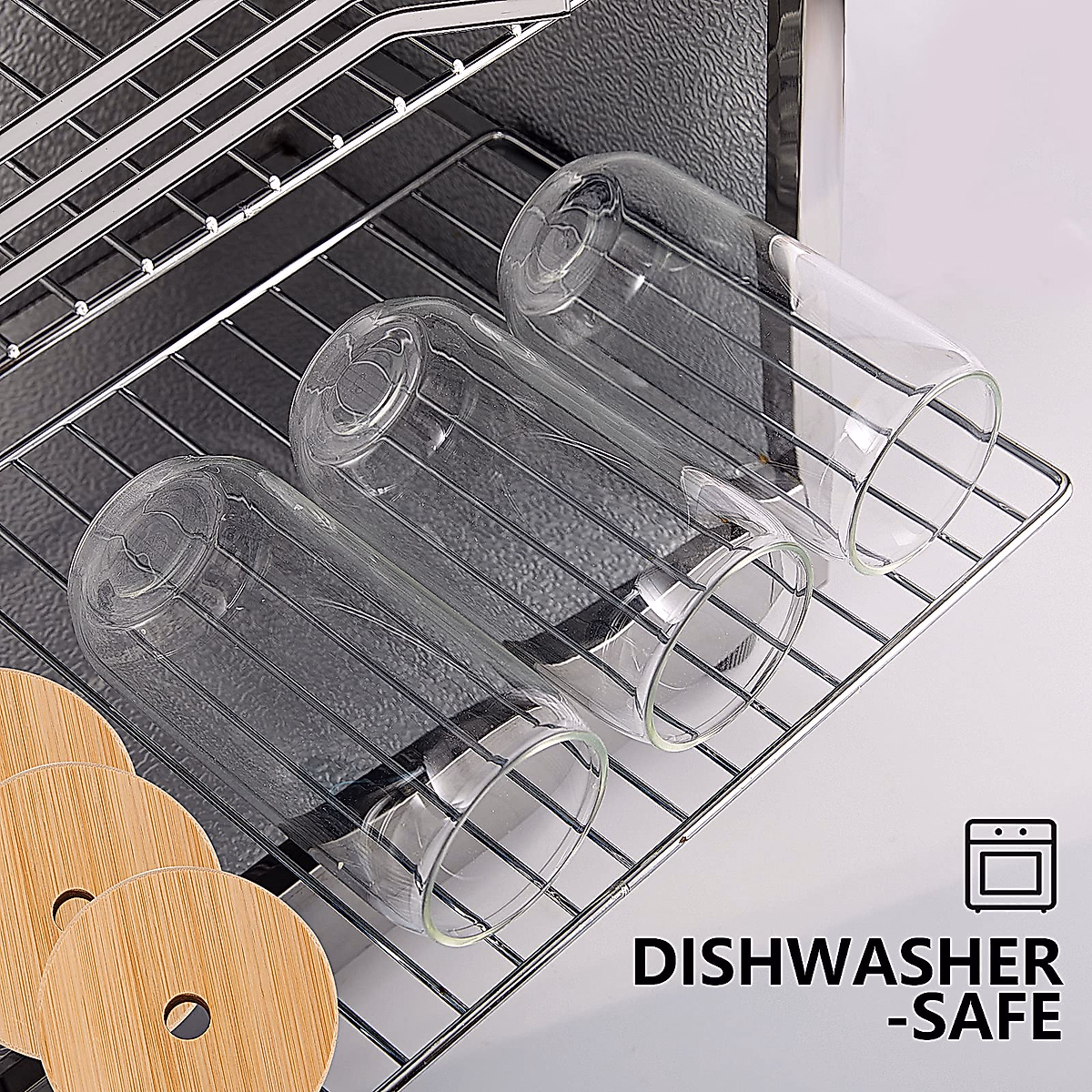 Yirilan 4pcs Glass Cups with Lids and Straws - 16 oz Glass Cups with Bamboo Lids, Iced Coffee Cup, Drinking Glasses, Clear Glass Cups- 2 Cleaning Brushes