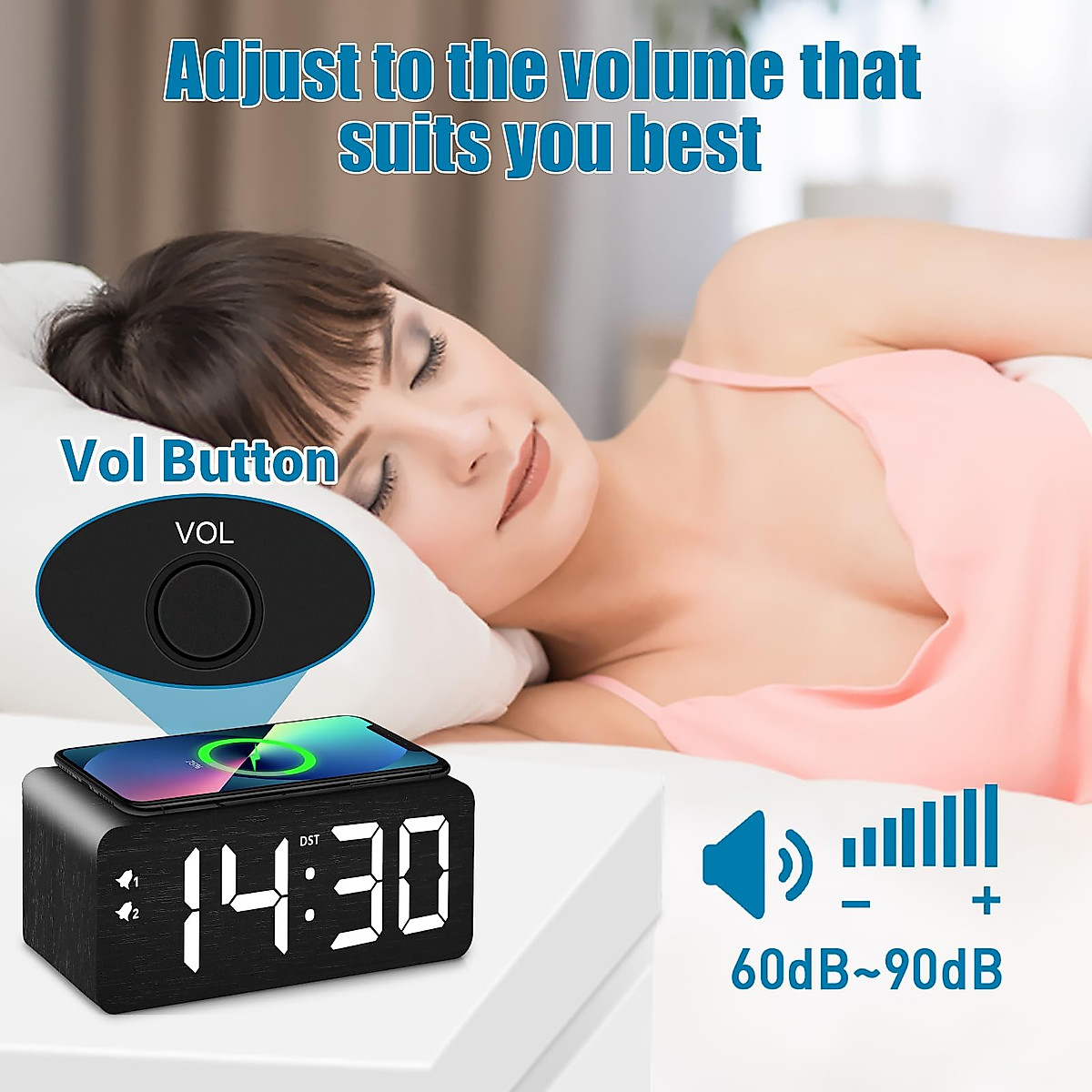 URAYCO Wooden Digital Alarm Clock, 10W Fast Wireless Charger Station & 2 USB Charging Ports, with 0~99% Dimmer, Dual Alarm, Weekday/Weekend Mode, Wood LED Clock for Bedroom, Desk, Office