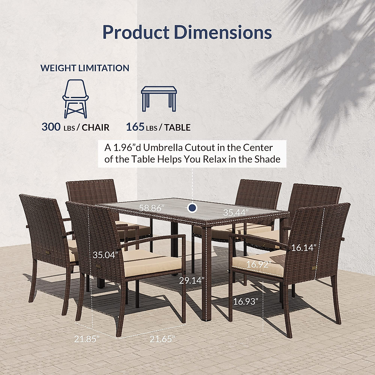 BELLEZE Rattan Patio Set 7 Piece, Slatted Wicker Dining Table and Chairs, Outdoor Furniture with Umbrella Cutout, Removable Cushions for Porch - Mariel (Brown)