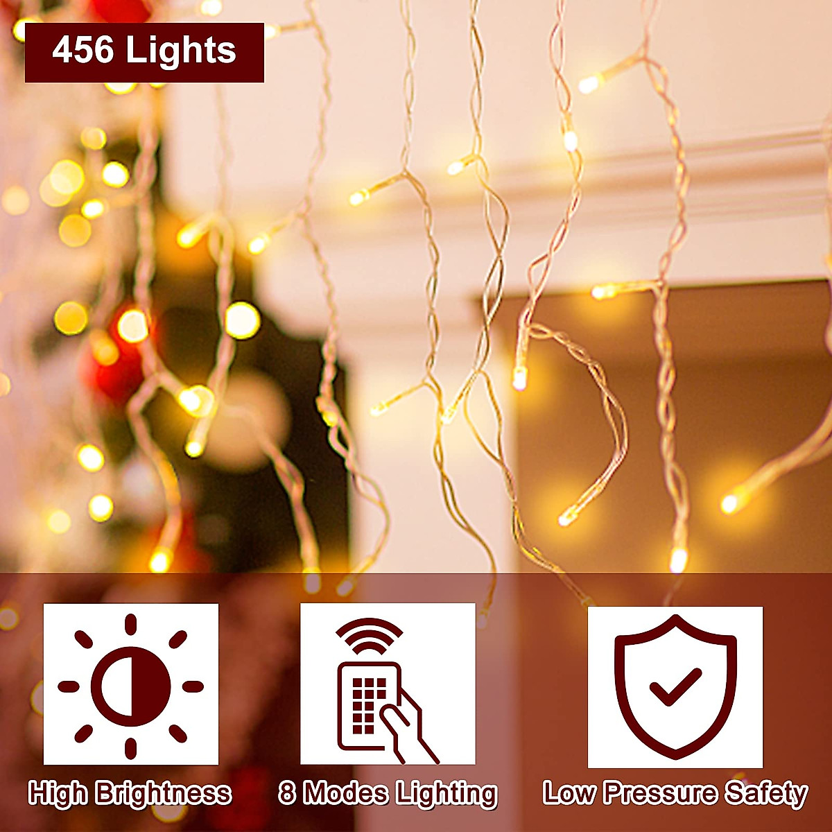 MO QIU E 456 LED Christmas Icicle Lights Outdoor Decor 35.4Ft 72 Drops 8 Modes Plug In Window Curtain Fairy String Dripping Light Decoration Home Holiday Indoor Eave Garden (Warm White)
