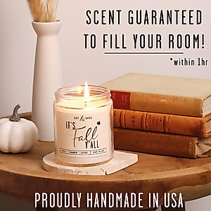 Fall Candles - 'It's Fall Yall' Fall Candle w/Apple Cinnamon & Nutmeg I Infused with Essential Oils I Autumn Fall Scented Candles I Cozy Cute Fall Décor Fall Gifts I 9oz Jar I 50Hr Burn I Made in USA