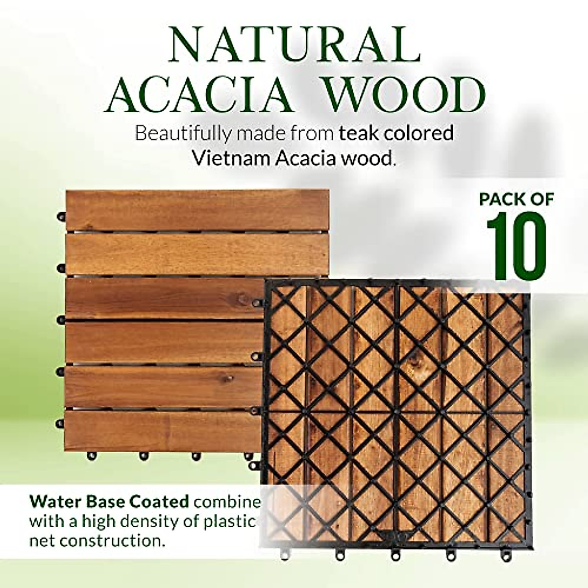 Acacia Wood Interlocking Deck Tiles for Outdoor/Indoor - (Pack of 10) 12"x12" All Weather Balcony Flooring - Snap Click Together Patio Tiles - Portable Waterproof Dance Floor Covering, Outside Walkway