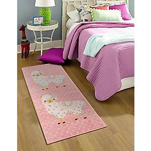 Unique Loom Whimsy Kids Collection Area Rug - Llama (Runner 2' 2" x 6' 0", Pink/ Light Blue)