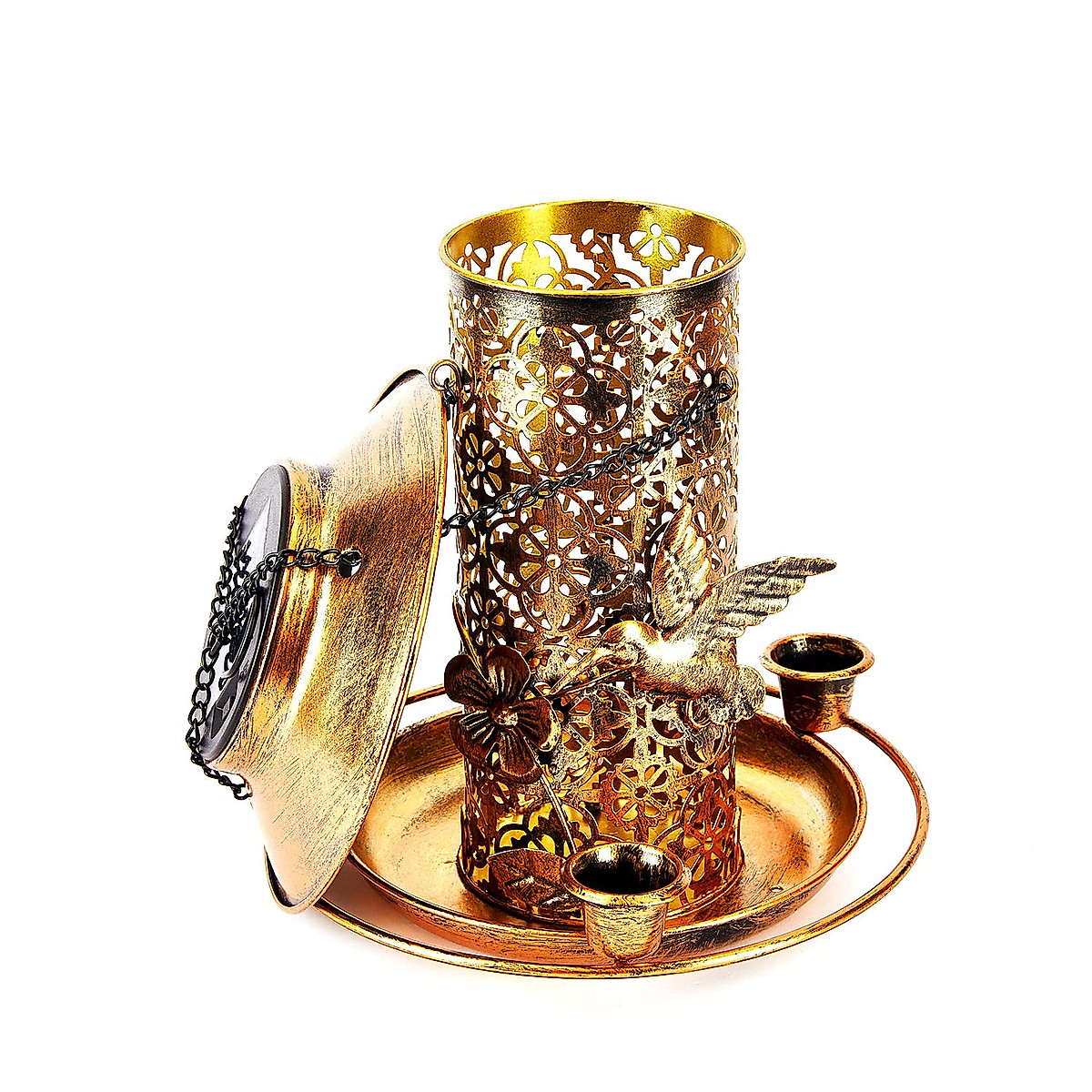 JUYUAN Solar Bird Feeder 3 Cups Hanging Metal Feeders for Hummingbird Cardinal, Modern Cute Durable Metal Body Waterproof Design and Lights up Automatically, Decorative in Your Garden, Patio, Lawn