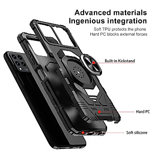 Galaxy Wireless for T-Mobile REVVL 6 Pro 5G Case w/Tempered Glass Screen Protector [Military Grade] Ring Car Mount Kickstand Shockproof Hard Phone Case - Black