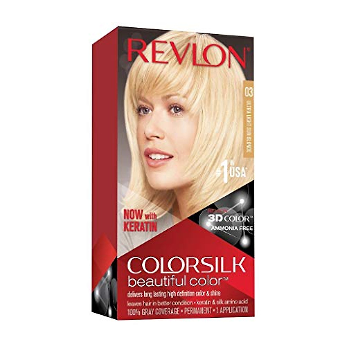 Revlon Permanent Hair Color, Permanent Hair Dye, Colorsilk with 100% Gray Coverage, Ammonia-Free, Keratin and Amino Acids, 03 Ultra Light Sun Blonde, 4.4 Oz (Pack of 1)