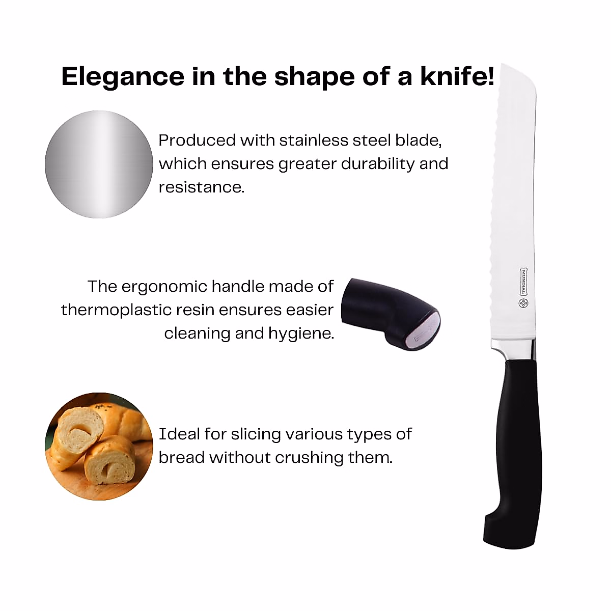 Mundial 8-inch Elegance Chef Kitchen Bread Knife, Sharp Serrated Stainless-Steel Razor Blade, with Protective Plastic Sleeve (Hercules 6621-8)