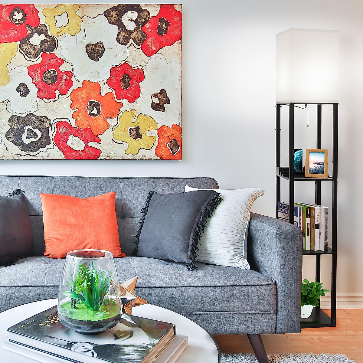 SHINE HAI 3-in-1 Shelf Floor Lamp with 2 USB Ports and 1 Power Outlet, 3-Tiered LED Shelf Floor Lamp, Shelf & Storage & LED Floor Lamp Combination, Modern Standing Light for Living Room, Bedroom