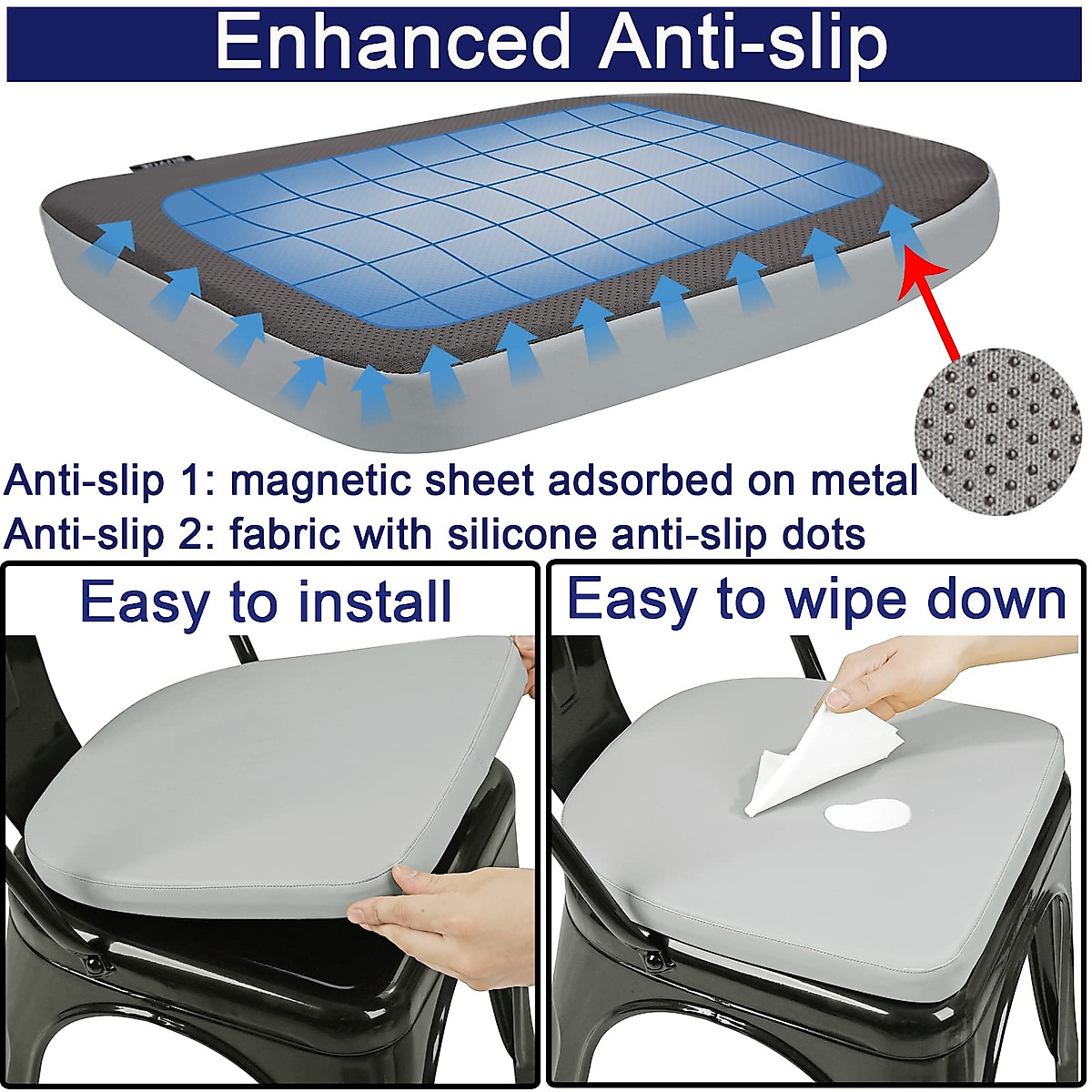 BUYUE 14" Metal Chair Cushions with Magnetic Set of 4, Luxury PU Leather Waterproof Anti-Slip Seat Pads for Kitchen Cafe Dining Bistro Stackable Chairs (U-Shape, Light Gray, 4)