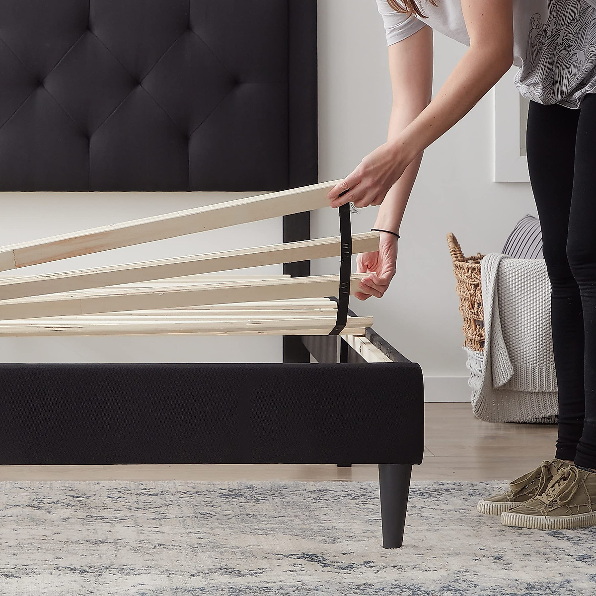 LUCID – Upholstered Platform Bed Frame with Headboard – No Box Spring Needed – King Size Bed Frame with Headboard – Black