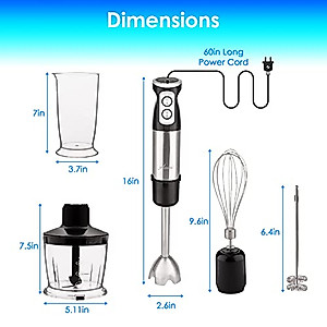 5 in 1 Handheld Immersion Blender, Anti-Splash Stick Blender with a Milk Frother, Egg Whisk, Food Grinder, and Blending Container, Hand Held Blender for Smoothies, Baby Food, Coffee, and Baking