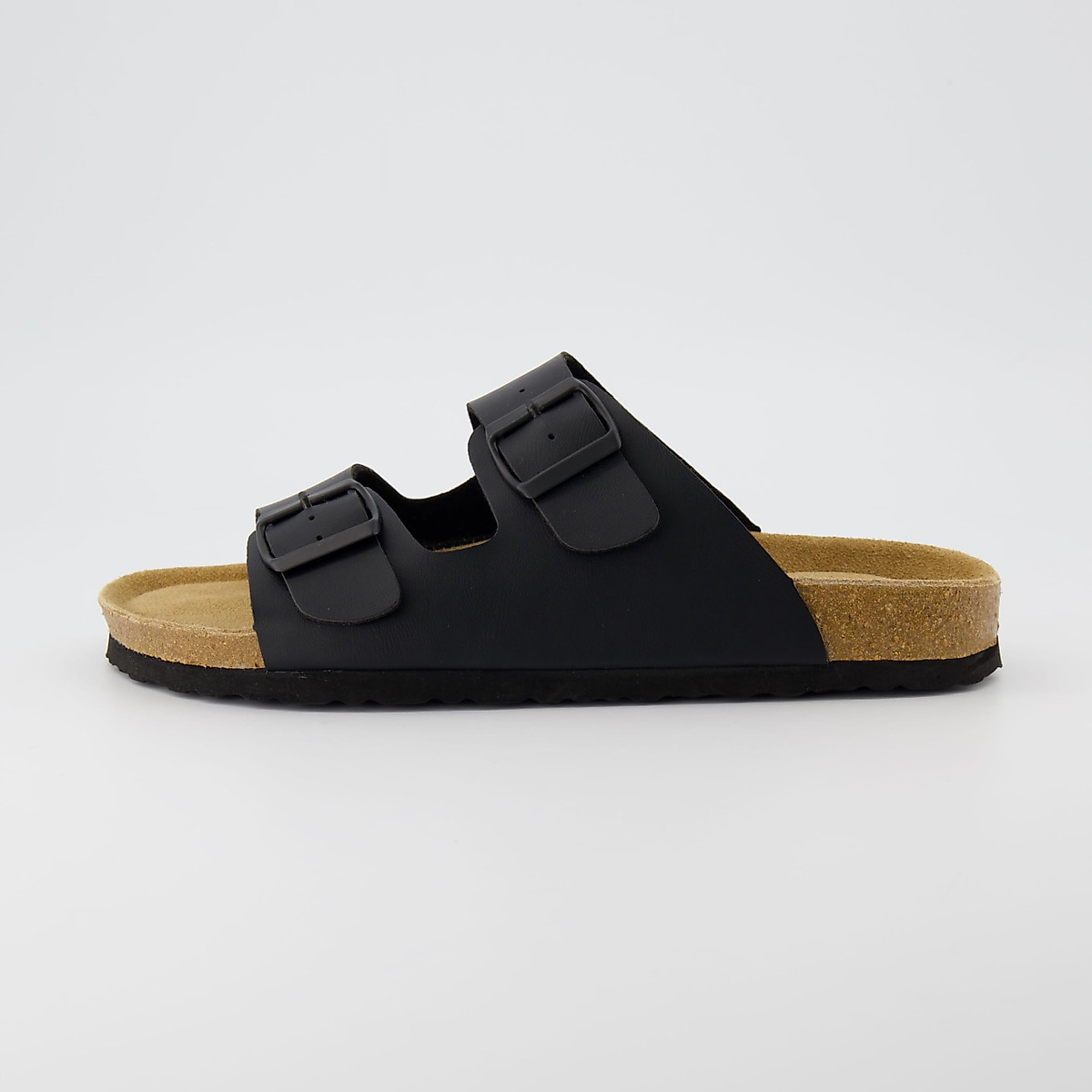 CUSHIONAIRE Men's Lane Cork footbed Sandal with Adjustable Buckle Straps +Comfort, Black Nappa 8
