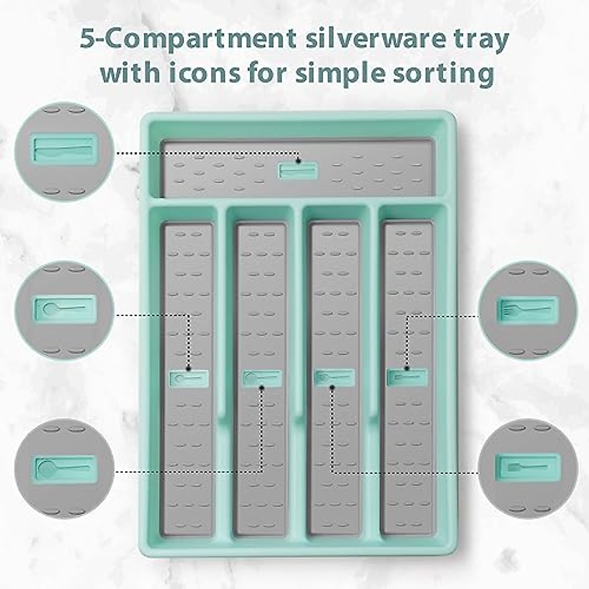 Joequality Silverware Organizer with Icons，Plastic Cutlery silverware Tray for Drawer，Utensil Flatware Tableware Organizer for Kitchen with Non-slip TPR,Fits Standard Drawer,5-Compartment,Light Blue