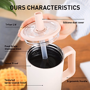 QINGHOU 30.4 oz Stainless steel cold cup,Insulated tumbler with handle、lid and straw,Cup holder compatible for travel,Large sports water bottle jug,Visualization glass cover thermos Cup (Silver)