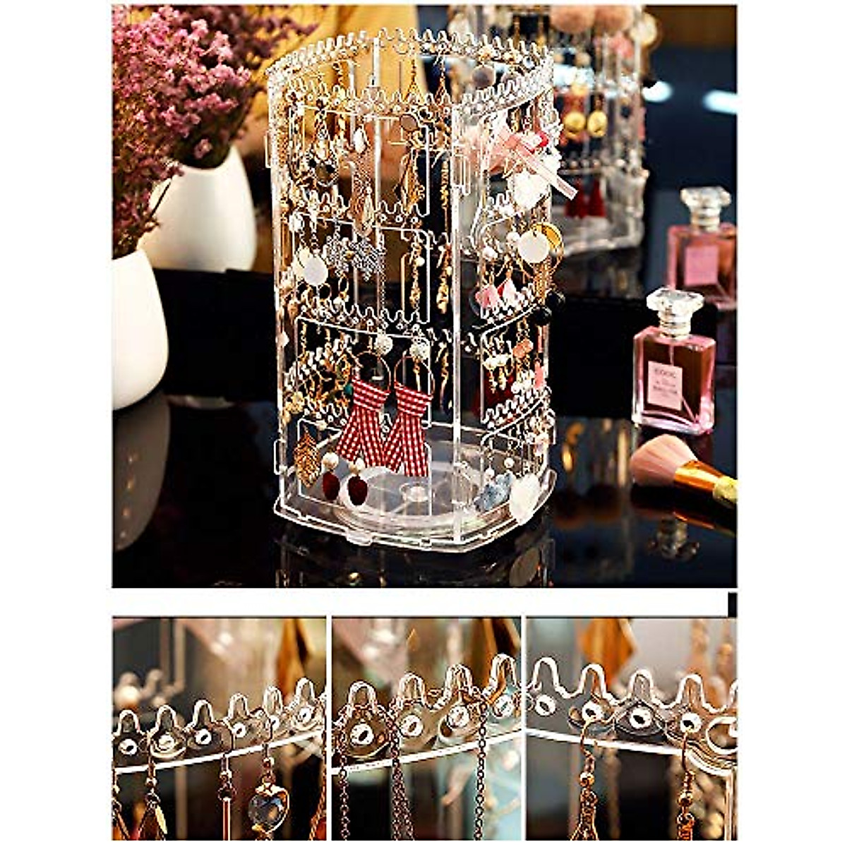 Cq acrylic 360 Rotating Earring Holder Organizer Clear Jewelry Displays Dangle Earinging Rack Necklace Bracelet Carousel Tree Towers,4 Tier Hanging Earring Display Stands For Selling,Pack of 1
