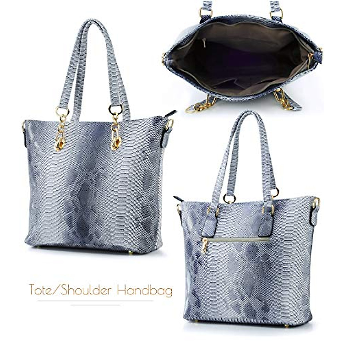 HOXIS Pack of 7 Bags Women Multi-purpose Classic Design Patent Purse Leather Leatherette Shoulder Handbag (Light Color Snake Pattern)