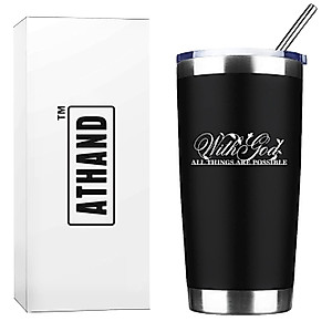 ATHAND With God All Things Are Possible Inspirational Tumblers with Lid & Straw 20 Oz | Insulated Stainless Steel Vacuum Wine Tumbler Coffee Mug | Best Christian Religious Gifts For Women Men (Black)