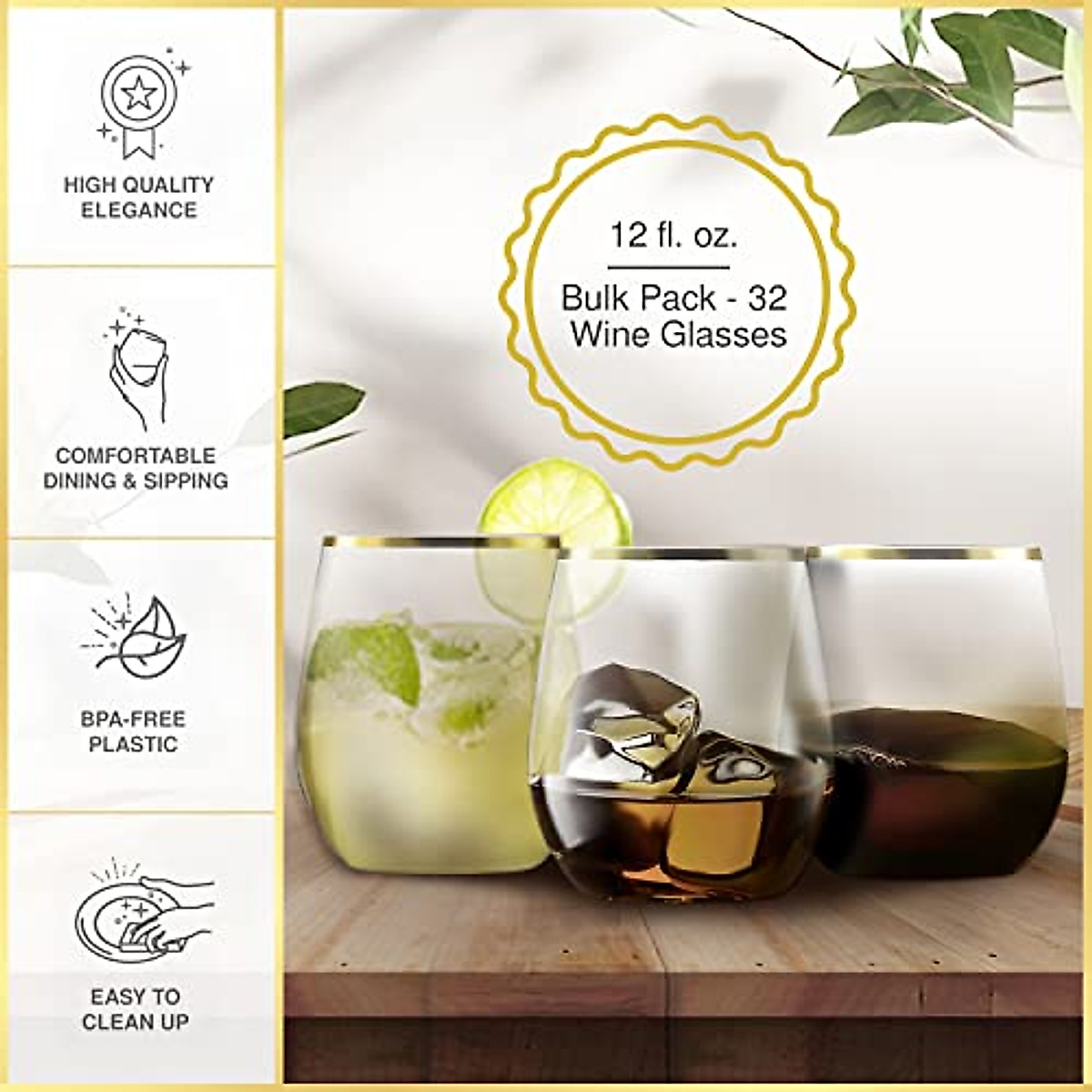 32 Pack Stemless Plastic Wine Glasses Disposable 12 Oz Gold Rim - Shatterproof Recyclable and BPA-Free, Stylish Drinkware for all Beverages, Cocktail Parties, Wedding Reception and Catered Events
