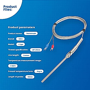 CGELE K-Type Thermocouple Temperature Sensors 0~600℃，2M/6.6Ft Wire Probe Length 100mm Two Wire 100×5mm Stainless Steel Probe Temperature Detector Temperature Gauge