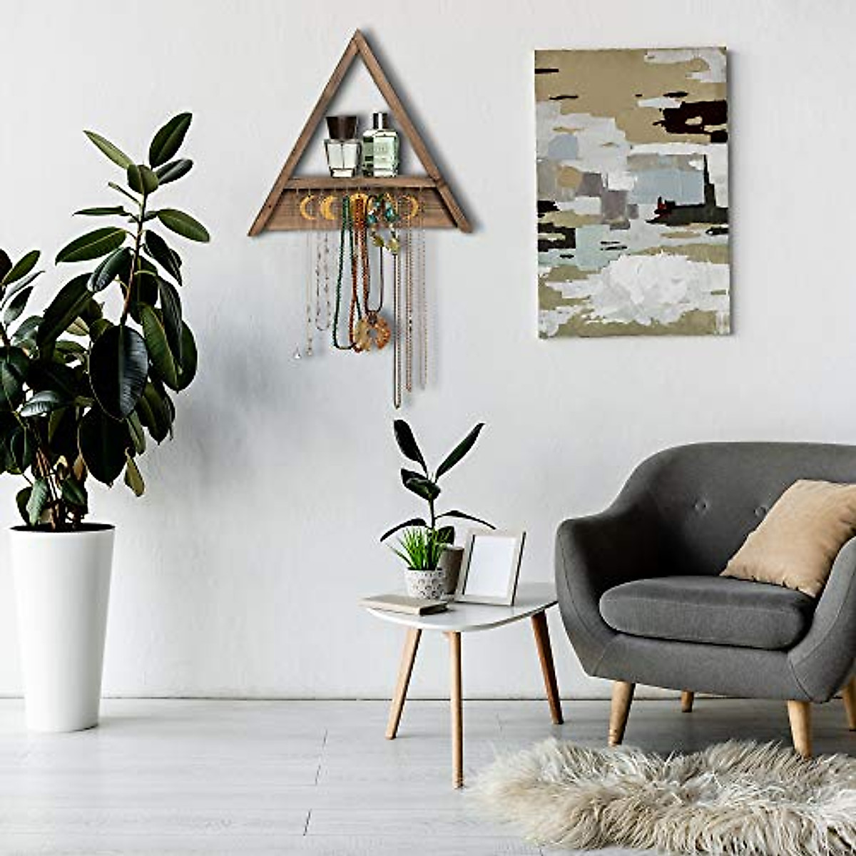 Rustix Rustic Wooden Hanging Jewelry Wall Organizer Triangle Shelf with Moon Phases and Small Hooks for Earring, Necklace, Crystal Display, and Small Decor