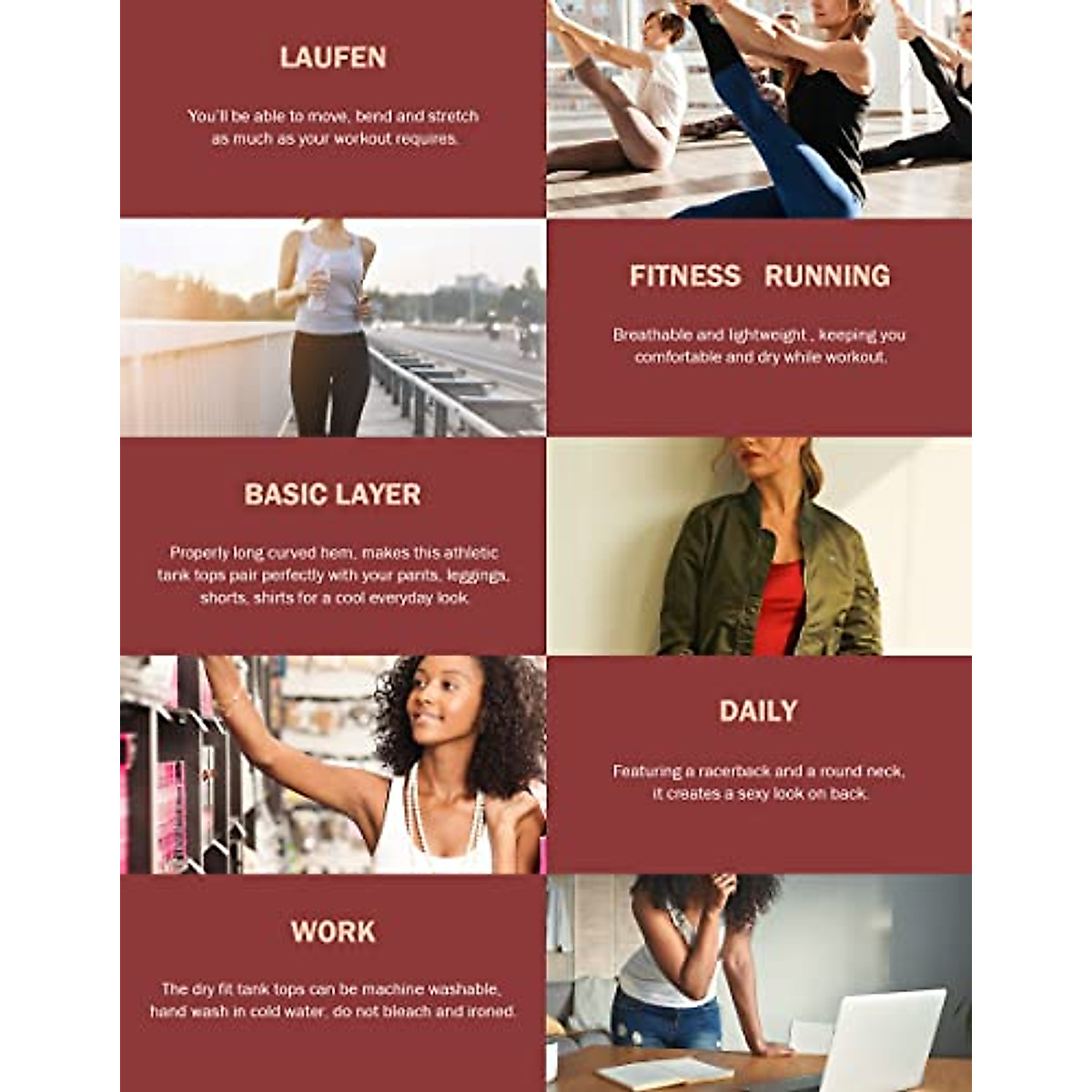 TELALEO 5-Pack Women's Workout Tank Tops, Athletic Racerback, Compression Dry Fit - Black/Grey/White/Red/Pink M