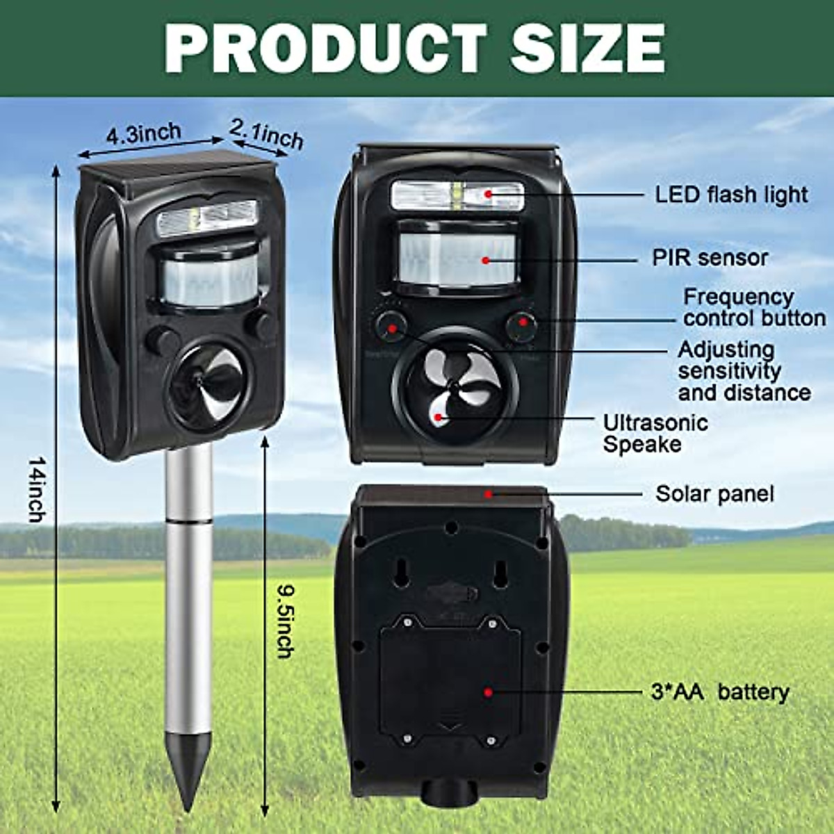 2 Pcs Ultrasonic Animal Repellers Black Solar Deterrent Devices Waterproof Ultrasonic Deer Repellents with Motion Sensor Flashing Light for Garden Farm House Drive Cat Dog Bird Coyote Skunk