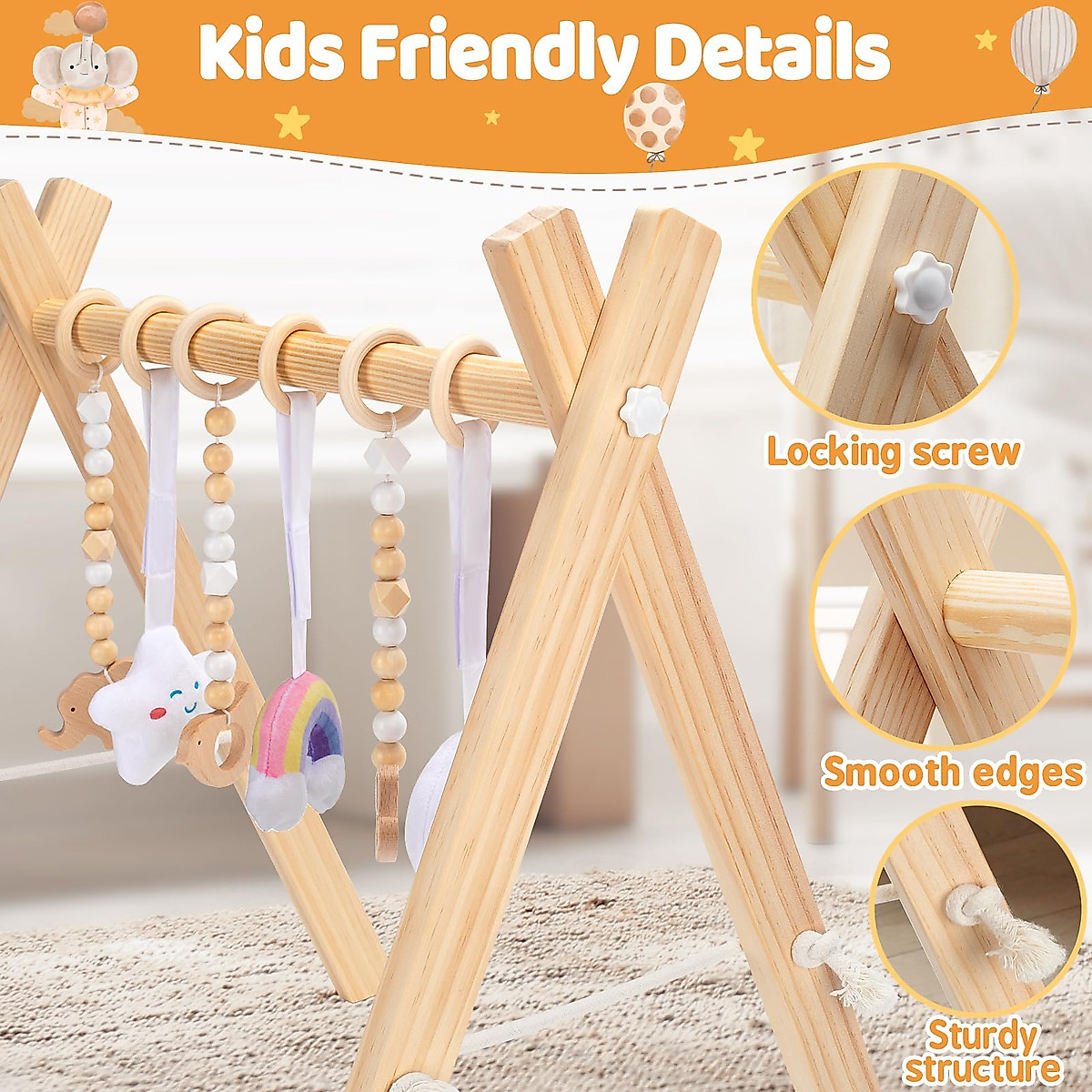 KIZZYEA Wooden Baby Play Gym, Infant Activity Gym for 0-3-6-12 Months, Wooden Foldable Frame Bar, Baby Activity Center, Newborn Montessori Gift for Boys Girls Ages 0 Month+
