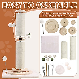 OTOB 33" Tall Cat Scratching Post, 4.3Inch Large Diameter Natural Sisal Rope Scratcher Post, 5-in-1 Interactive Turntable Cat Scratch Post with Soft Hanging Ball Toys for Indoor Large Cats