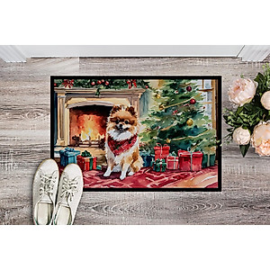 Caroline's Treasures DAC2723MAT Pomeranian Cozy Christmas Doormat Front Door Mat Indoor Outdoor Rugs for Entryway, Non Slip Washable Low Pile, 18H X 27W
