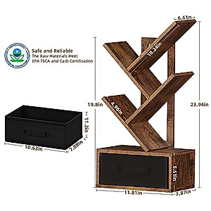 SHEEPAM Small Bookshelf with Drawer,3 Tier Tree Book Shelf,Wood Desk Bookshelves,Modern Free Standing Desktop Display Shelves,Brown Floor Standing Organizer Bookcase for Living Room,Bedroom,Office