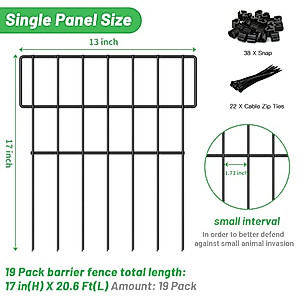 19 Pack Animal Barrier Fence - No Dig Garden Decorative Fence Rustproof Metal Wire Panel Border for Dog Rabbits Ground Stakes Defence and Outdoor Patio, T Shape. Total Length 17 in(H) X 20.6 Ft(L)