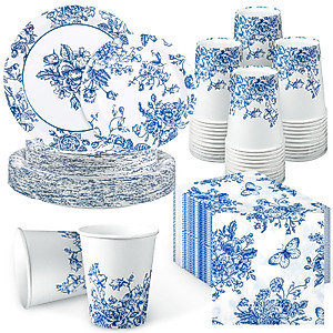 Nitial 200 Piece Blue and White Flower Disposable Tableware Set Serves 50 Guests Floral Paper Plates and Napkins Cups for Bridal Shower Birthday Party Supplies