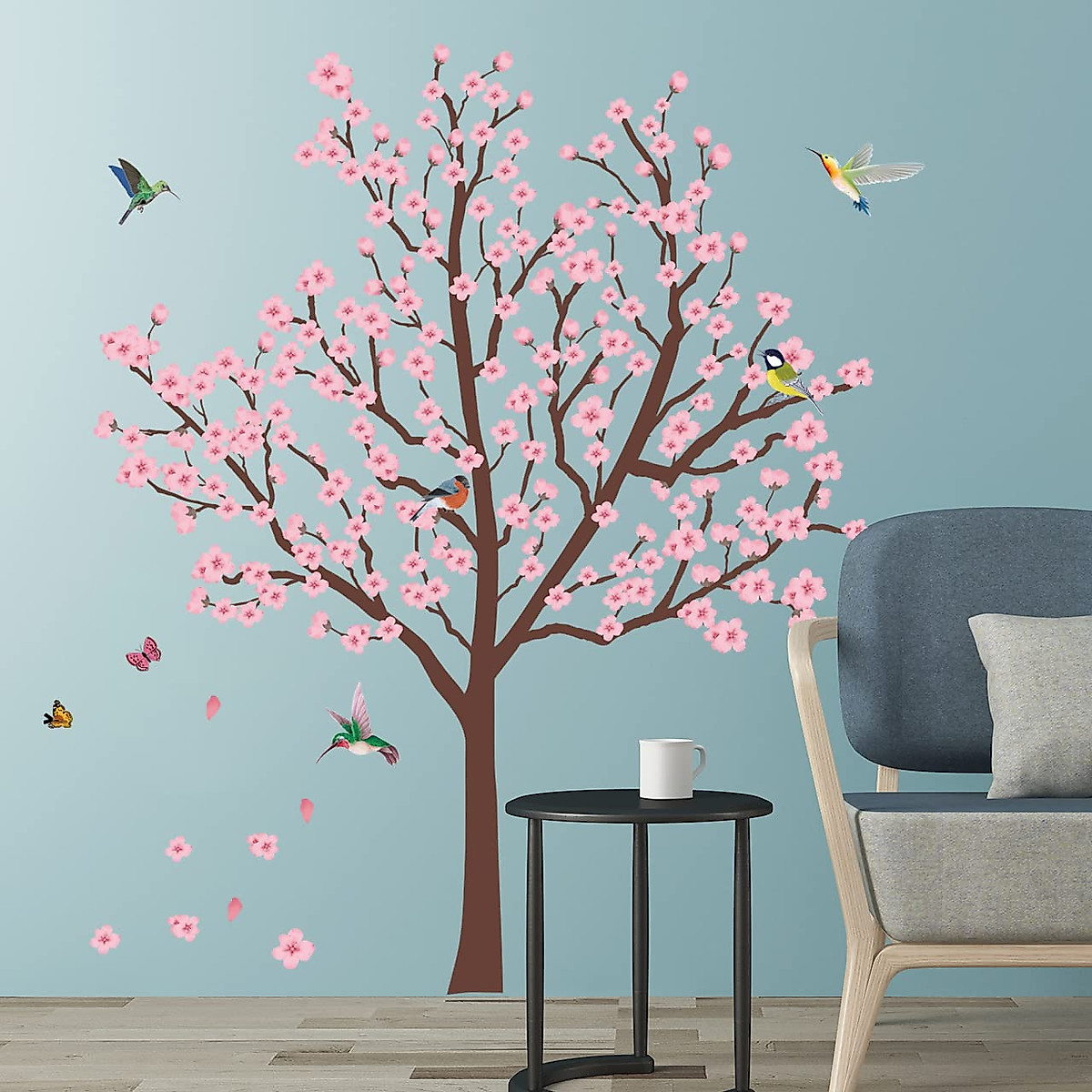 2 Sheets Removable Pink Peach Tree Wall Decals Cherry Blossom Trees Wall Stickers Birds Butterfly Wall Decal Home Art Decor for Kids Girls Babys Bedroom Nursery Room Living Room Decorations (A)