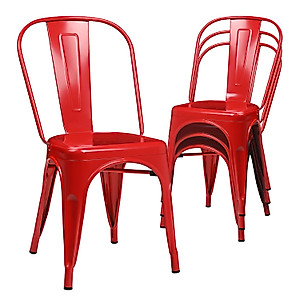 Magshion Metal Dining Chair Stackable Indoor Outdoor Industrial Vintage Chairs 4 Pack Bistro Dining Room Cafe Side Chairs with Back, 18 Inch Red