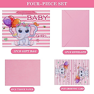 Jaywayang 12.6" Large Baby Girl Gift Bag with Tissue Paper and Greeting Card for Baby Shower, Baby Girl Birthday, New Parents, and More.