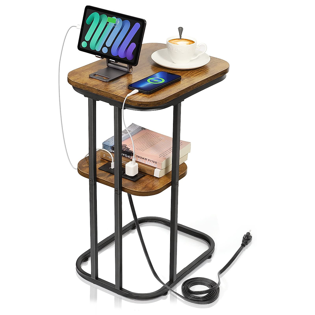 Allinside C Shaped End Table with Charging Station, 2-Tier Side Table with Storage Shelf Large Laptop TV Snack Tray Ideal for Couch, Sofa Slide Under, Bedside, Small Spaces (2 USB Ports & 2 Outlets)