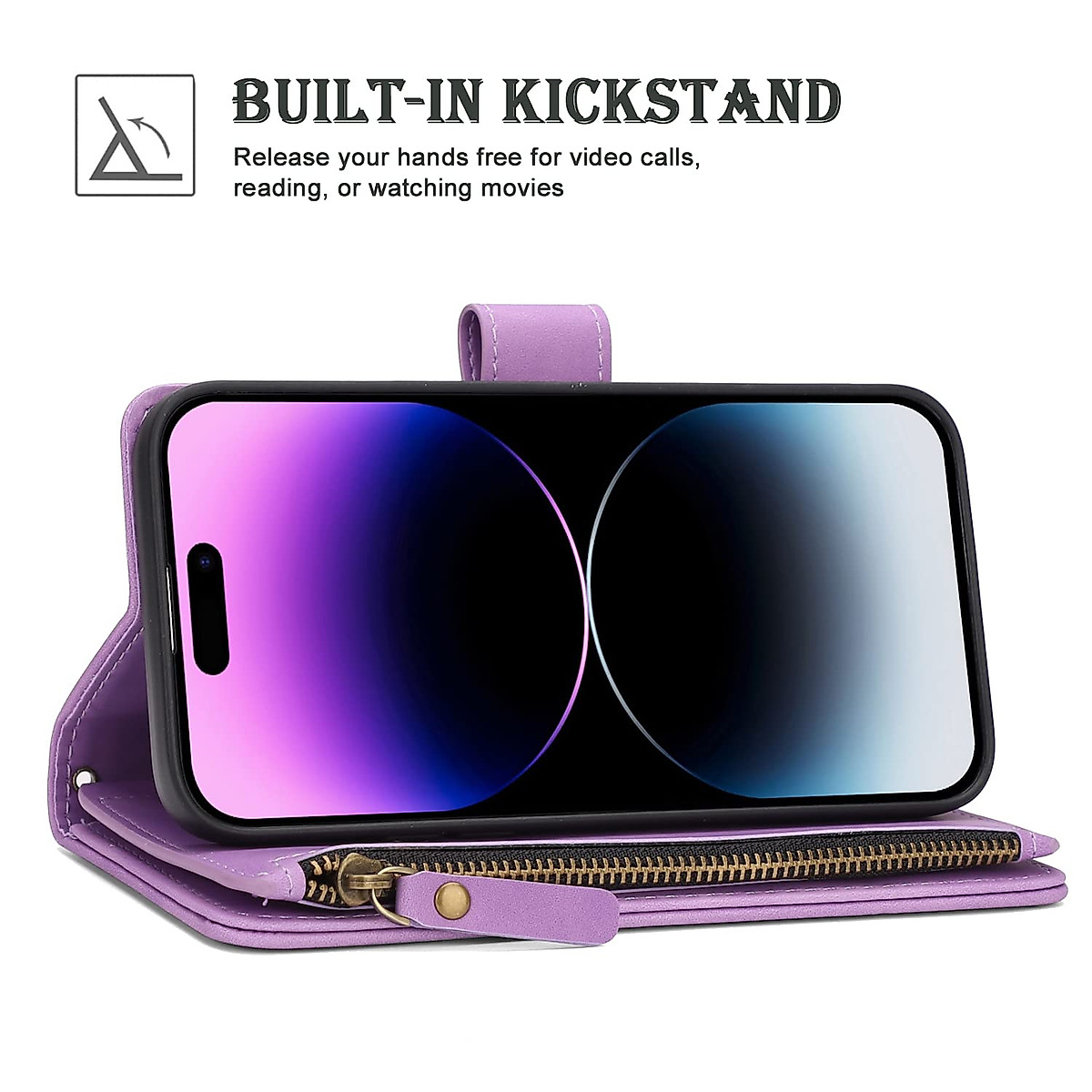 RANYOK Wallet Case for iPhone 14 Pro Max (6.7 inch) with Card Holder, Premium PU Leather with RFID Blocking Zipper Flip Folio Wallet Wrist Strap Magnetic Clasp Kickstand Protective Case-Purple
