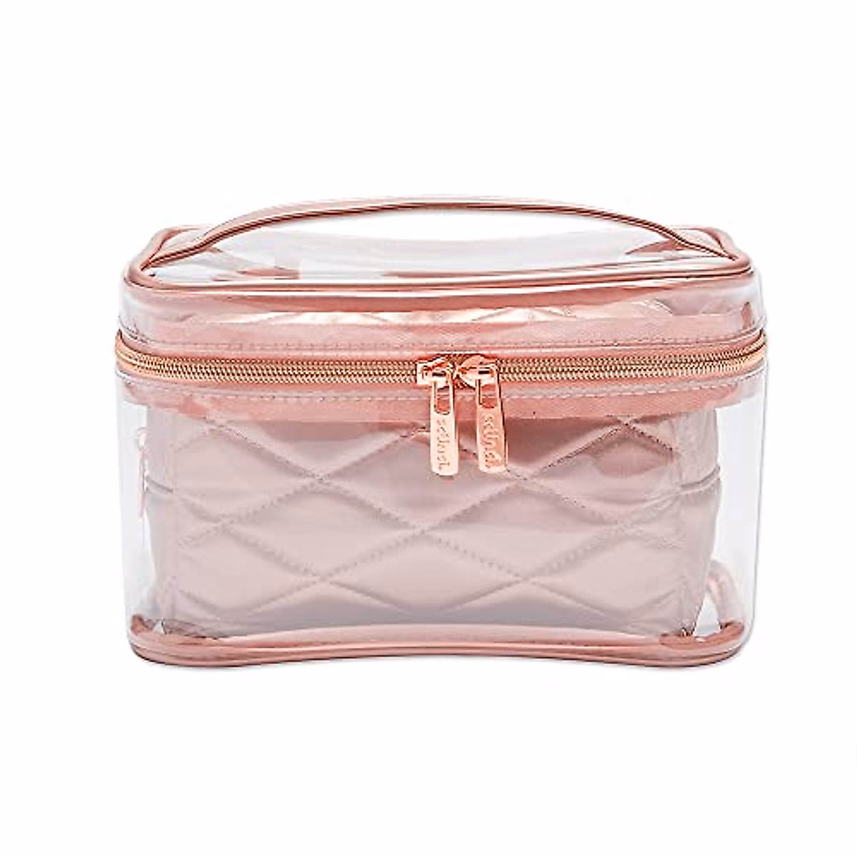 Conair Travel Makeup Bag, Large Toiletry and Cosmetic Bag, Perfect Size for Use At Home or Travel, Two Piece Train Case Set in Rose Pink Metallic Quilt