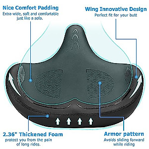 CDYWD Oversized Bike Seat for Men & Women Comfort, Extra Wide Soft Cushion Bicycle Seat, Comfortable Wing Padded, Large Bike Saddle Replacement for Exercise, Stationary, Spin, City, Hybrid Bike, Ebike