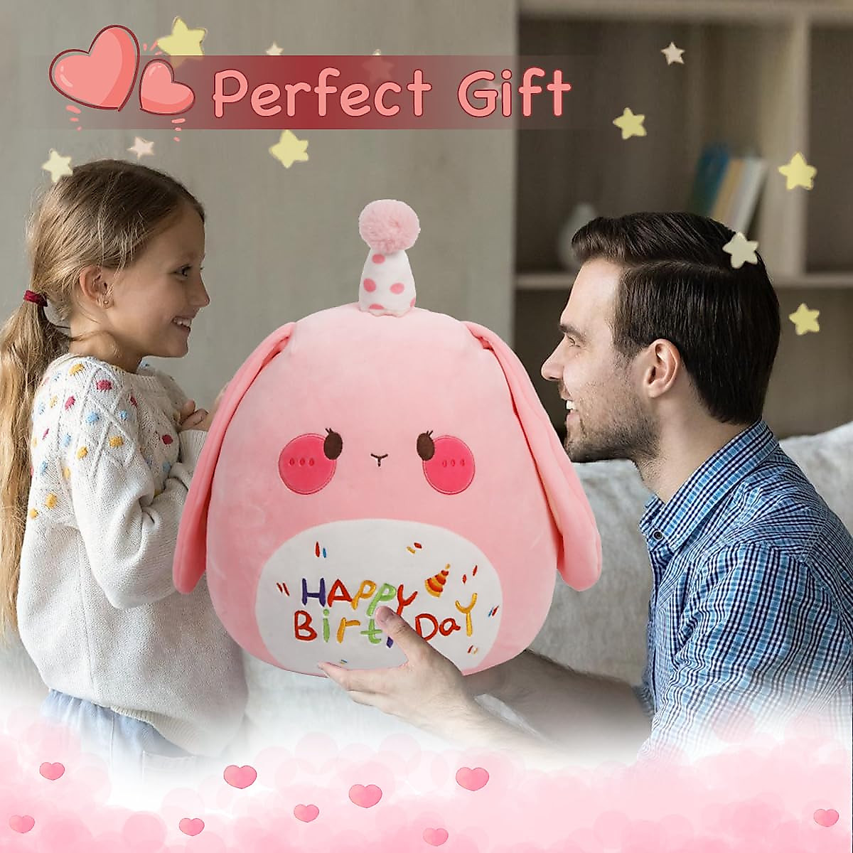 ARELUX Large 18in Cute Bunny Cuddle Plush Soft Bunny Stuffed Animal Birthday Pillow Kids Huggable Rabbit Plushie Toy Big Size Happy Birthday Party Decoration Plushies Gift for Friends Boys Girls Pink