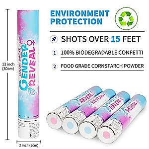 PFXNJDEQ Gender Reveal Confetti Powder Cannon, 2 Blue and 2 Pink, 12 Inch, 100% Biodegradable Powder and Confetti, Gender Reveal Decorations, Gender Reveal Party Game Ideas (Blue and Pink)