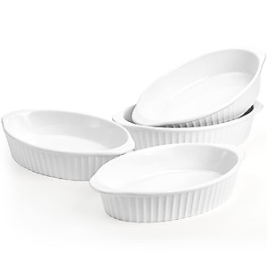 Foraineam 4 Pack 15 oz White Porcelain Oval Baking Dishes, 8.8 x 5.5 x 1.8 Inch Au Gratin Pans Small Table Serving Dish, Lasagna Pan Crème Brulee Bakeware Set with Double Handles, Dishwasher Oven Safe