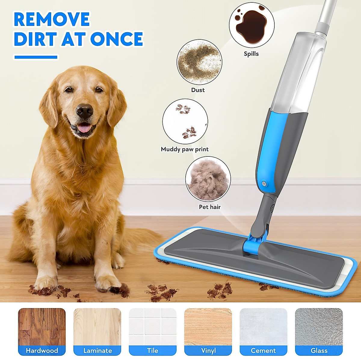 Spray Mop for Floor Cleaning, Microfiber Dust Hardwood Floor Mop, Wet Spray Mop for Wood Laminate Tile Vinyl Floor Home Kitchen Dry Flat Mop with 3 Washable Reusable Pads 1 Refillable Bottle