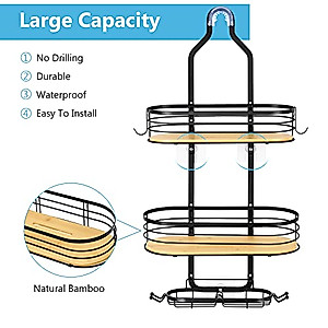 Fogein Bathroom Hanging Shower Caddy Over Shower Head Organizer, Rustproof Shower Organizer with Bamboo Board Hook & Soap Box, Over the Shower Head Caddy, Black