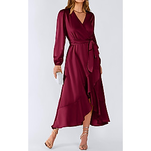 PRETTYGARDEN Women's Satin Fall Dress Semi Formal Satin Long Sleeve Wrap V Neck Ruffle Belted A-Line Flowy Maxi Dresses (Wine Red,Small)