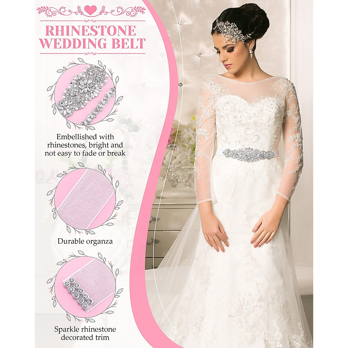 2 Pieces Rhinestone Bridal Wedding Dress Sash Belt Crystal Diamond Ribbon Wedding Belts for Bridesmaid Wedding Dress (White)