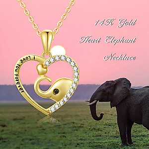 SISGEM 14K Yellow Gold Elephant Heart Necklace for Women,Real Gold Lucky Elephant Necklaces with 5A Cubic Zirconia,Love Jewelry Valentine's Day Gifts for Mother/Wife,16''+2''