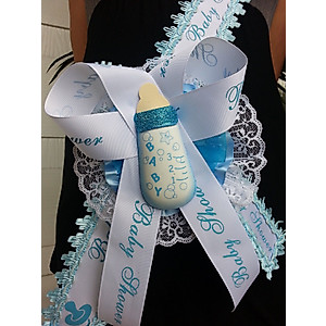 Welcome Baby Shower Mom To Be It's a Boy Sash Blue Bottle Ribbon and Corsage