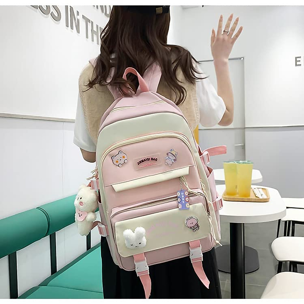 LELEBEAR Kawaii Backpack, Kawaii Backpack Set with Kawaii Water Bottle (pink)